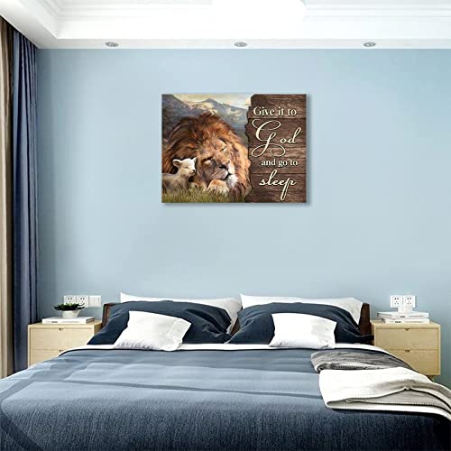 Bedroom Wall Decor Lion of Judah and Lamb Pictures Christian Gift Religious Canvas Wall Art Give it to God and Go to Sleep Sign Painting Prints Framed Artwork for Bathroom Living Room 12"x16"