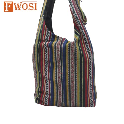 Fwosi Travel Crossbody Bag - Unisex Hippie Boho School Tote for Men & Women - Lightweight, Cotton, Side Shoulder Bags - 3 Compartments, Zipper Closure, Adjustable Strap - Handmade in Nepal