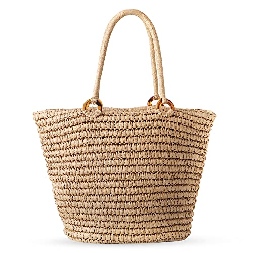 QTKJ Hand-woven Soft Large Straw Shoulder Bag, Beach Tote Beach Bags for Women, Boho Straw Handle Tote Retro Summer Beach Bag Rattan Handbag (Brown)