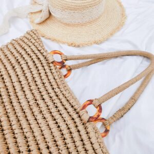 QTKJ Hand-woven Soft Large Straw Shoulder Bag, Beach Tote Beach Bags for Women, Boho Straw Handle Tote Retro Summer Beach Bag Rattan Handbag (Brown)