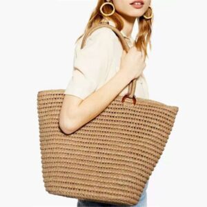 QTKJ Hand-woven Soft Large Straw Shoulder Bag, Beach Tote Beach Bags for Women, Boho Straw Handle Tote Retro Summer Beach Bag Rattan Handbag (Brown)