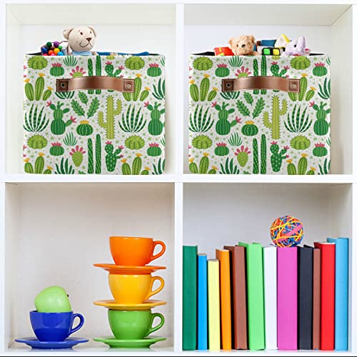 Large Storage Basket Green Cacti Cactus Foldable Storage Box Organizer Bins with Handles for Bedroom Home Office