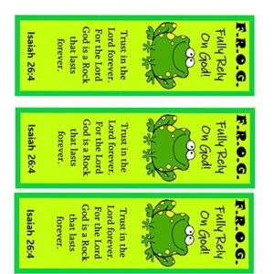 Fun Bright Green Fully Rely On God Frog F.R.O.G. Bible Verse Christian Bookmarks for Kids Inspirational Gifts Perfect for Reading Rewards Church Supplies Giveaways for Sunday School Bulk 100 Count