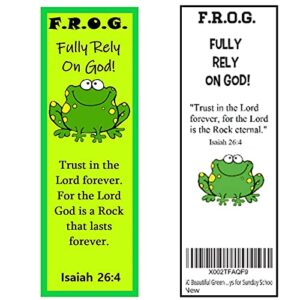 Fun Bright Green Fully Rely On God Frog F.R.O.G. Bible Verse Christian Bookmarks for Kids Inspirational Gifts Perfect for Reading Rewards Church Supplies Giveaways for Sunday School Bulk 100 Count