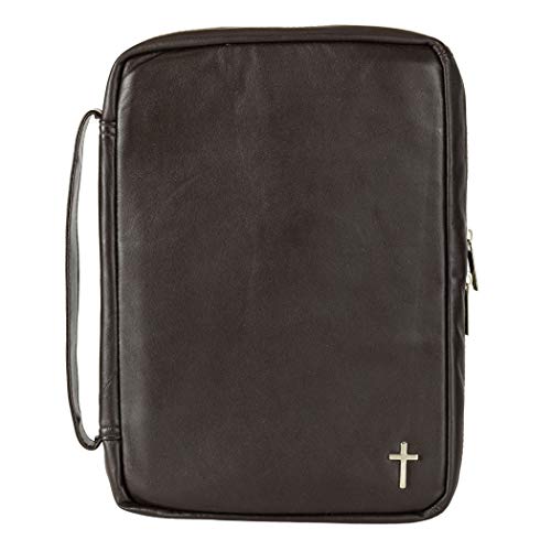 Dicksons Natural Brown Genuine Leather Zippered Bible Cover with Silver-Tone Cross Accent and Carrying Handle, Large