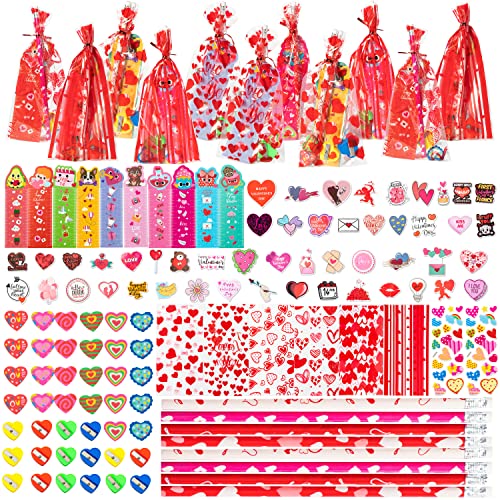 196PCS Valentine's Day Stationery Set Classroom Exchange Gift for Kids, Valentine Party Favor with Bookmark Ruler Pencil Sharpener Transparent Candy Bags Heart Foam Sticker, Gifts for Student Teacher