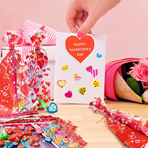 196PCS Valentine's Day Stationery Set Classroom Exchange Gift for Kids, Valentine Party Favor with Bookmark Ruler Pencil Sharpener Transparent Candy Bags Heart Foam Sticker, Gifts for Student Teacher