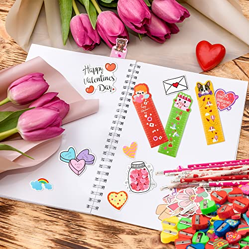 196PCS Valentine's Day Stationery Set Classroom Exchange Gift for Kids, Valentine Party Favor with Bookmark Ruler Pencil Sharpener Transparent Candy Bags Heart Foam Sticker, Gifts for Student Teacher