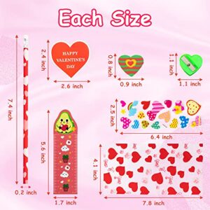 196PCS Valentine's Day Stationery Set Classroom Exchange Gift for Kids, Valentine Party Favor with Bookmark Ruler Pencil Sharpener Transparent Candy Bags Heart Foam Sticker, Gifts for Student Teacher