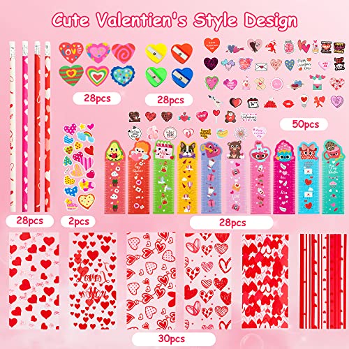 196PCS Valentine's Day Stationery Set Classroom Exchange Gift for Kids, Valentine Party Favor with Bookmark Ruler Pencil Sharpener Transparent Candy Bags Heart Foam Sticker, Gifts for Student Teacher