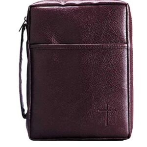 Burgundy Embossed Cross with Front Pocket Leather Look Bible Cover with Handle, Small