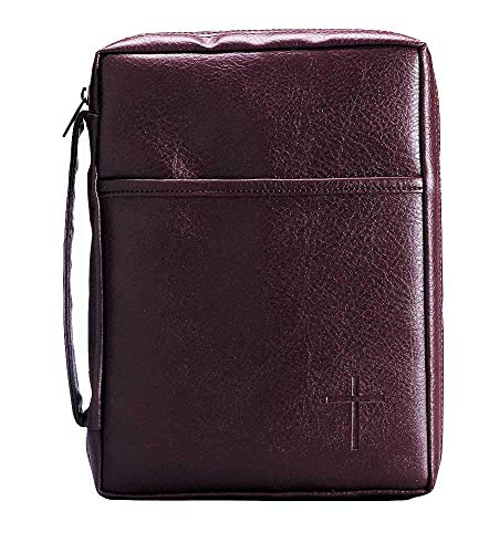 Burgundy Embossed Cross with Front Pocket Leather Look Bible Cover with Handle, Small