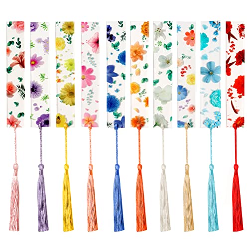 proturbo 20 Sets Acrylic Dried Flower Bookmarks with Colorful Tassels 1x5.5inch Transparent Resin Floral Bookmarks Clear Acrylic Pressed Flower Bookmarks for Women Teacher Kids, 10 Styles