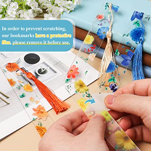 proturbo 20 Sets Acrylic Dried Flower Bookmarks with Colorful Tassels 1x5.5inch Transparent Resin Floral Bookmarks Clear Acrylic Pressed Flower Bookmarks for Women Teacher Kids, 10 Styles