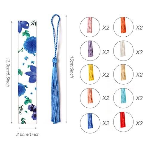 proturbo 20 Sets Acrylic Dried Flower Bookmarks with Colorful Tassels 1x5.5inch Transparent Resin Floral Bookmarks Clear Acrylic Pressed Flower Bookmarks for Women Teacher Kids, 10 Styles