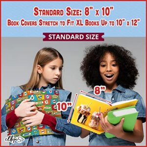 Easy Apply Stretchable Book Cover 6 Pack. 3 Solid and 3 Design Standard Jackets Fit Hardcover Textbooks Up to 8" x 10". Adhesive-Free, Nylon Fabric Protectors. Washable, Reusable Student School Supply