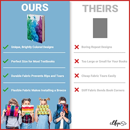 Easy Apply Stretchable Book Cover 6 Pack. 3 Solid and 3 Design Standard Jackets Fit Hardcover Textbooks Up to 8" x 10". Adhesive-Free, Nylon Fabric Protectors. Washable, Reusable Student School Supply