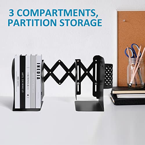 SubClap Adjustable Metal Bookends with Pen Stand Holder, Expandable Book Racks to Hold Heavy Book, Magazines, Telescopic Design Desktop & Bookshelf Organizer Book End for Home Office School, Black