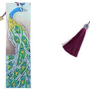 Peacock Diamond Painting Bookmark - pigpigboss DIY Bookmark Diamond Painting Set Flower Peacock Diamond Painting Bookmark with Tassel Crystal Diamond Dots Bookmark Art for Adult Children (21 x 6 cm)