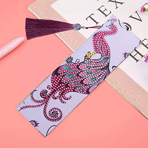 Peacock Diamond Painting Bookmark - pigpigboss DIY Bookmark Diamond Painting Set Flower Peacock Diamond Painting Bookmark with Tassel Crystal Diamond Dots Bookmark Art for Adult Children (21 x 6 cm)