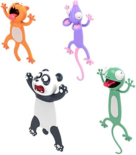 4 Pcs 3D Cartoon Animal Bookmark,Wacky Bookmark Palz - More Fun Reading,Novelty Funny Animals Reading Bookmark Cute Bookmarks Squashed Animals Stationery (Cat + Panda + Mouse + Gecko)