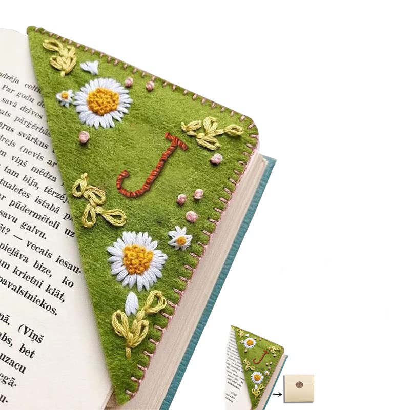 Personalized Hand Embroidered Corner Bookmark,Letters Cute Felt Triangle Bookmark for Women, Embroidery Corner Bookmarks Accessories for Book Lovers (Summer-J)