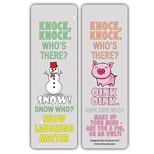 Creanoso Funny Knock-Knock Jokes Puns Bookmarks (30-Pack) – Unique Stocking Stuffers Gifts for Boys & Girls, Unisex Adults – Cool Book Page Clippers Collection Set for Knock-Knock – Awesome Giveaways