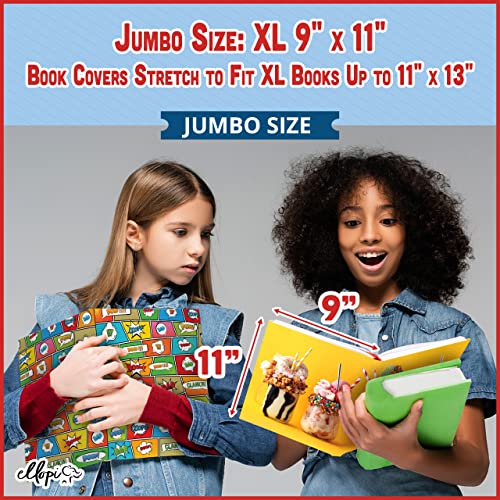 Stretchable, Easy Apply Book Covers 6 Pack of Fun Designs. Jumbo Jackets Fit Most Hardcover Textbooks Up to 9 x 11". Adhesive-Free, Nylon Fabric Protectors. Washable and Reusable Student School Supply