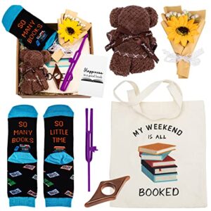 niduilef book lovers gifts for women-birthday christmas gifts box includes book tote bag, reading book socks, bookmark,page holder,towel, flowers for teacher friends