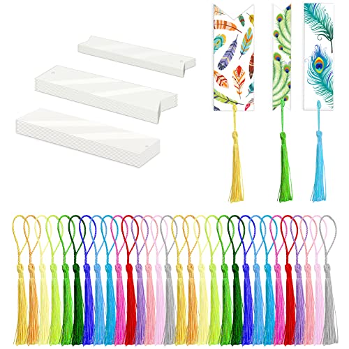 ECam 30 Pcs Acrylic Bookmark Blanks, Clear Acrylic Bookmarks with Colorful Tassel, 3 Styles Acrylic Book Markers, DIY Acrylic Bookmarks, Transparent Bookmarks, 15 Color of Tassels/ Total 30 Pcs