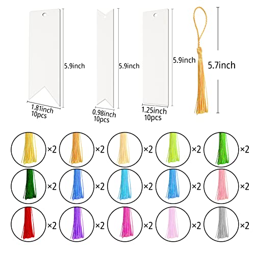 ECam 30 Pcs Acrylic Bookmark Blanks, Clear Acrylic Bookmarks with Colorful Tassel, 3 Styles Acrylic Book Markers, DIY Acrylic Bookmarks, Transparent Bookmarks, 15 Color of Tassels/ Total 30 Pcs