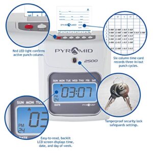 Pyramid Time Systems 2500K1 Bundle, Includes Model 2500 Auto Aligning and Top Loading Time Clock, 100 time Cards, Two Ink Ribbon cartridges, one 10 Slot time Card Rack and Two Security Keys