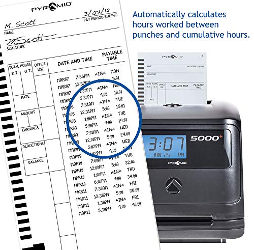 Pyramid Time Systems, Model 5000 Auto Totaling Time Clock, Handles up to 100 Employees, Made in USA, black