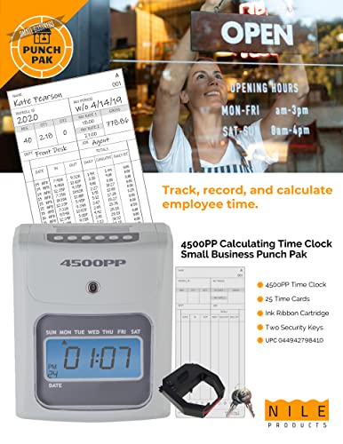 Nile Products 4500PP Calculating Time Clock, Small Business Punch Pak, up to 50 Employees, Includes 25 Time Cards, 1 Ink Ribbon and 2 Security Keys