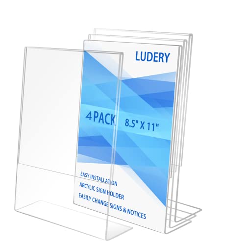 Ludery Acrylic Sign Holder 8.5 x 11, Vertical Slanted Back Sign Holder , Acrylic Stands for Display 8.5 x 11, Tabletop Sign Holder for for Home, Office, Store, Restaraunt - 4Pack (4)