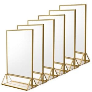 niubee 6pack 4 x 6 clear acrylic sign holder with gold borders and vertical stand, double sided table menu holders picture frames for wedding table numbers, restaurant signs, photos and art display