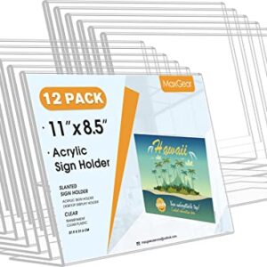 MaxGear Acrylic Sign Holder 8.5x11 inches 12 Pack, Horizontal Sign Holders Clear Paper Display Stand, Slant Back Flyer Frames Table Top Menu Document Holder for Office, Store, Restaurants - Landscape