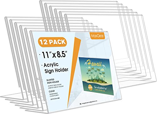 MaxGear Acrylic Sign Holder 8.5x11 inches 12 Pack, Horizontal Sign Holders Clear Paper Display Stand, Slant Back Flyer Frames Table Top Menu Document Holder for Office, Store, Restaurants - Landscape