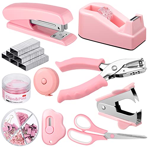 10 Piece Pink Desk Accessory Kit Includes Stapler with Staples Tape Dispenser Staple Remover Single Hole Punch Paper Clips Scissors Tape Measure Small Telescopic Knife Cute Office Desk Accessories