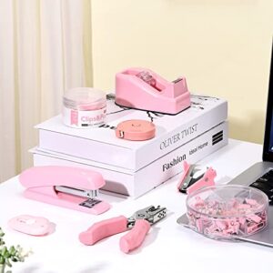 10 Piece Pink Desk Accessory Kit Includes Stapler with Staples Tape Dispenser Staple Remover Single Hole Punch Paper Clips Scissors Tape Measure Small Telescopic Knife Cute Office Desk Accessories