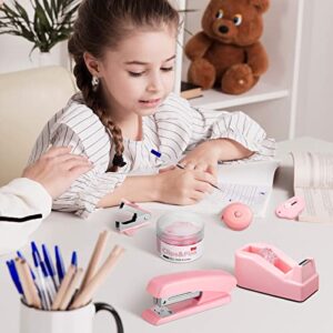 10 Piece Pink Desk Accessory Kit Includes Stapler with Staples Tape Dispenser Staple Remover Single Hole Punch Paper Clips Scissors Tape Measure Small Telescopic Knife Cute Office Desk Accessories