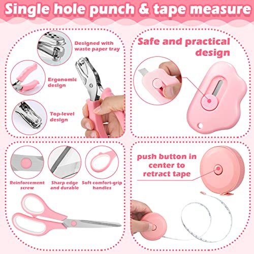 10 Piece Pink Desk Accessory Kit Includes Stapler with Staples Tape Dispenser Staple Remover Single Hole Punch Paper Clips Scissors Tape Measure Small Telescopic Knife Cute Office Desk Accessories