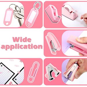 10 Piece Pink Desk Accessory Kit Includes Stapler with Staples Tape Dispenser Staple Remover Single Hole Punch Paper Clips Scissors Tape Measure Small Telescopic Knife Cute Office Desk Accessories