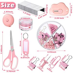 10 Piece Pink Desk Accessory Kit Includes Stapler with Staples Tape Dispenser Staple Remover Single Hole Punch Paper Clips Scissors Tape Measure Small Telescopic Knife Cute Office Desk Accessories