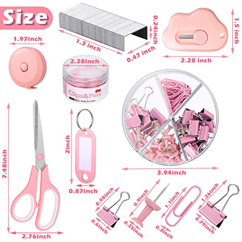 10 Piece Pink Desk Accessory Kit Includes Stapler with Staples Tape Dispenser Staple Remover Single Hole Punch Paper Clips Scissors Tape Measure Small Telescopic Knife Cute Office Desk Accessories