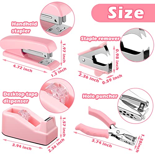 10 Piece Pink Desk Accessory Kit Includes Stapler with Staples Tape Dispenser Staple Remover Single Hole Punch Paper Clips Scissors Tape Measure Small Telescopic Knife Cute Office Desk Accessories