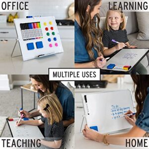 Double Sided Dry Erase Board with Stand - 16 X 12 Inch Desktop Whiteboard Comes with 15 Magnetic Markers, 10 Magnets, 2 Magnetic Erasers, Corner Protectors, Rubber Supports & More, Premium Black Frame