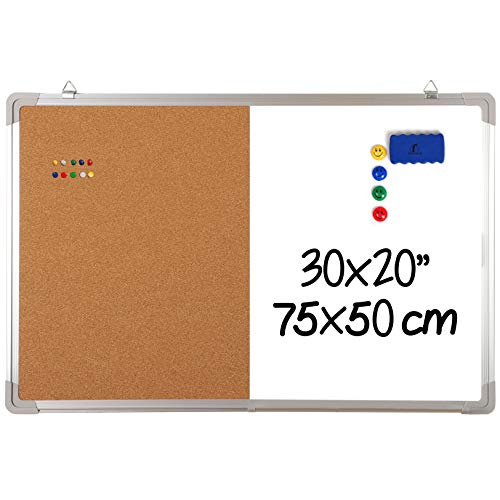 Combination Whiteboard Bulletin Board Set - Dry Erase/Cork Board 30 x 20" with 1 Magnetic Dry Eraser, 4 Markers, 4 Magnets and 10 Pins - Big Combo Tack White Board for Home Office Cubicle Desk