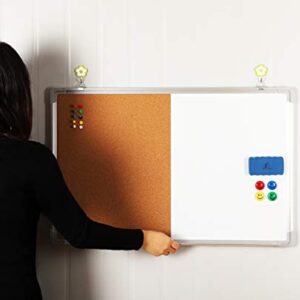 Combination Whiteboard Bulletin Board Set - Dry Erase/Cork Board 30 x 20" with 1 Magnetic Dry Eraser, 4 Markers, 4 Magnets and 10 Pins - Big Combo Tack White Board for Home Office Cubicle Desk