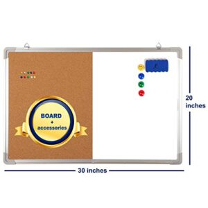 Combination Whiteboard Bulletin Board Set - Dry Erase/Cork Board 30 x 20" with 1 Magnetic Dry Eraser, 4 Markers, 4 Magnets and 10 Pins - Big Combo Tack White Board for Home Office Cubicle Desk